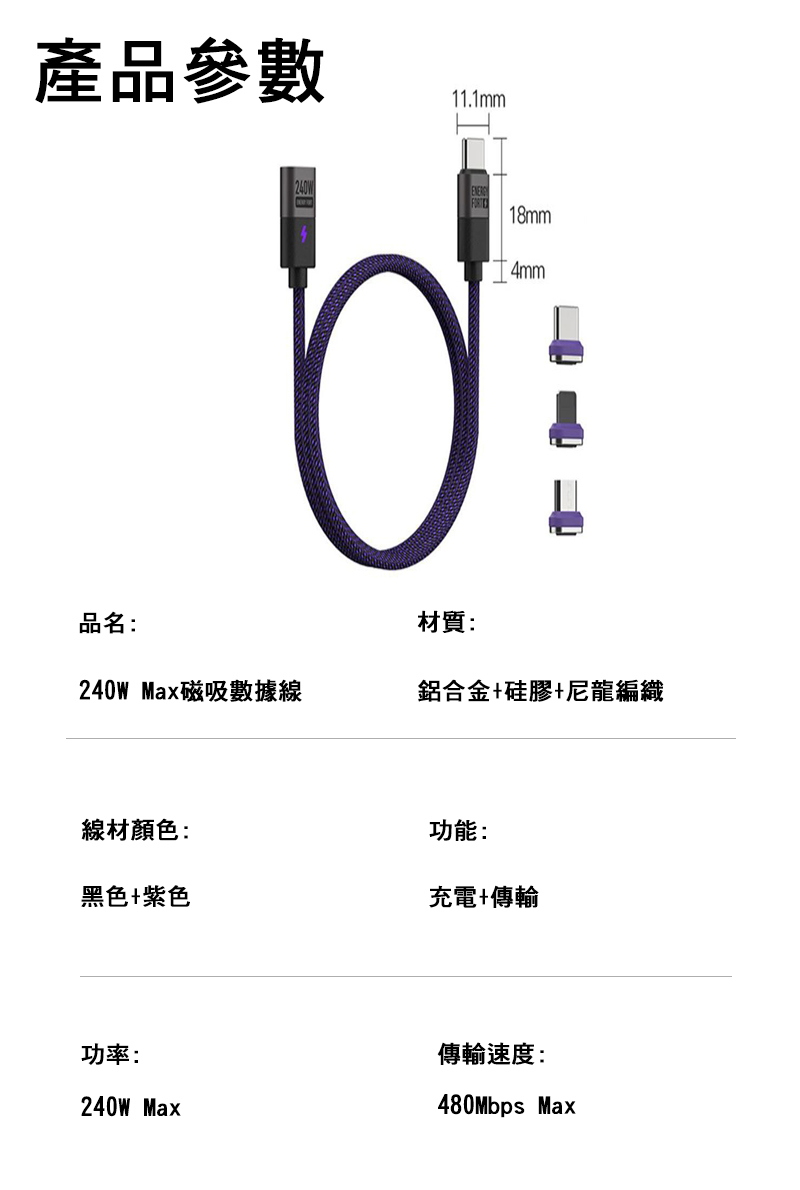 ENERGY FORT Type-C 快充磁吸線(240W) (0.5M) (1.2M) (1.8M) 充電線 傳輸線 - Wooo 3C - iOPEN Mall