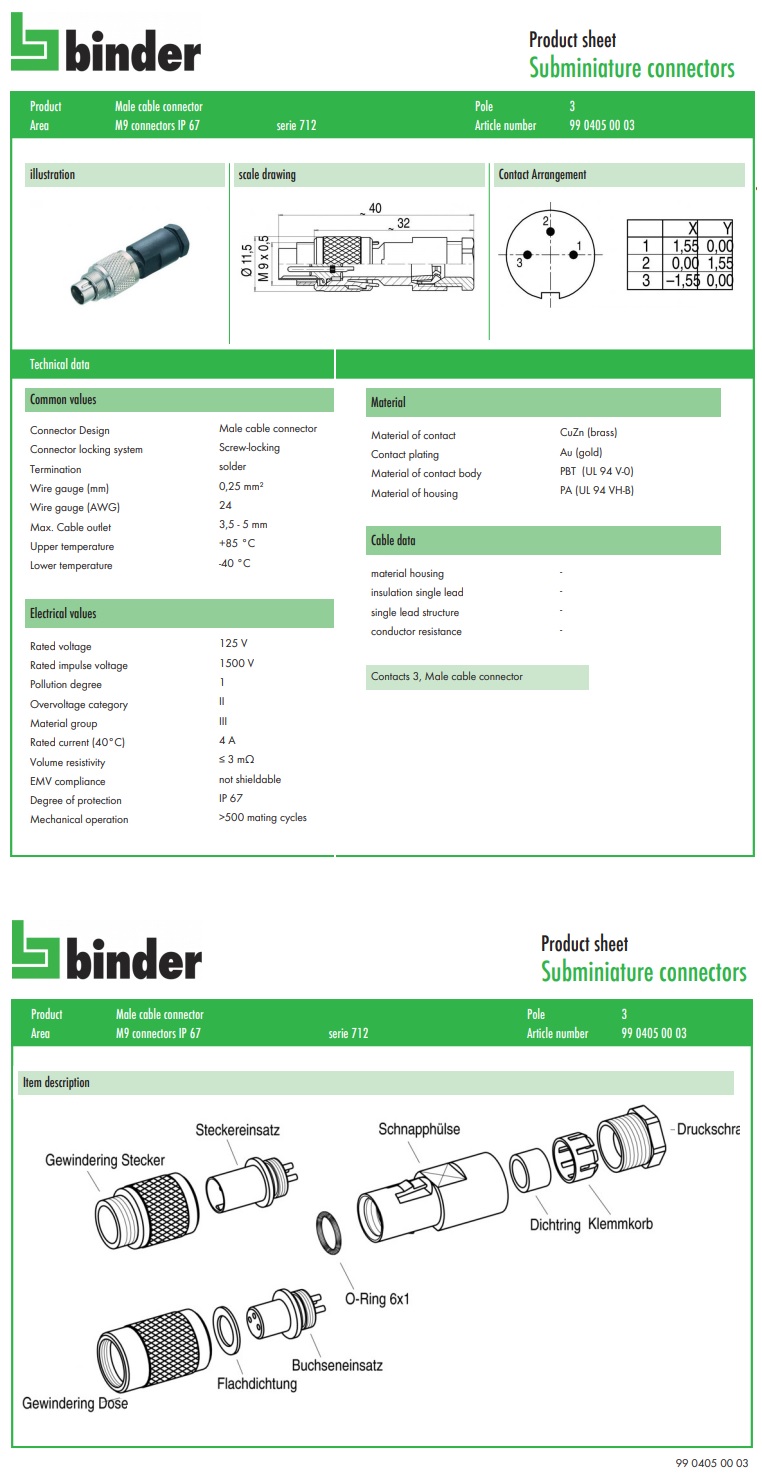 99-0405-00-03 Binder 712 Series M9 Male Cable Mount Connector 公頭 3P 連接器 ...