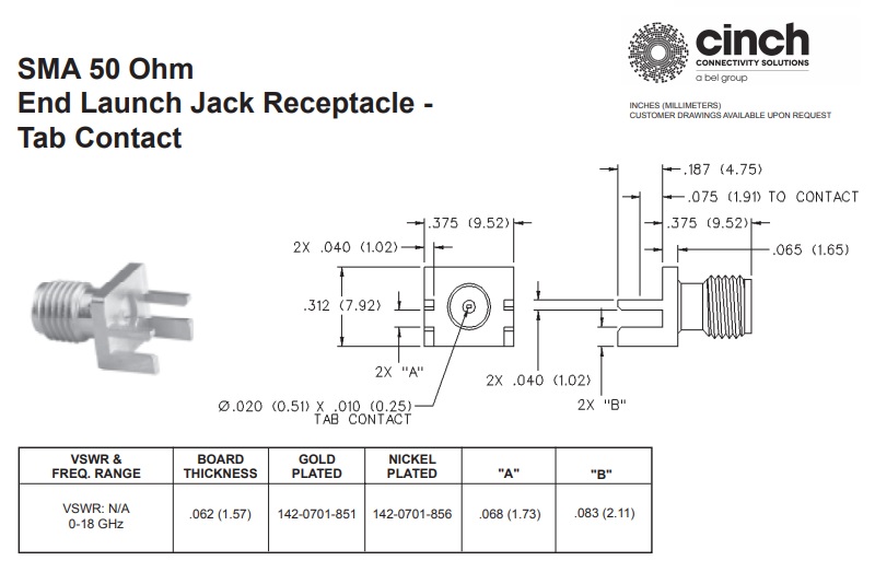 142-0701-851 Cinch SMA Connectors 50 Ohm SMA外螺內孔 板邊緣插座 連接器-(含稅)【佑齊企業 ...