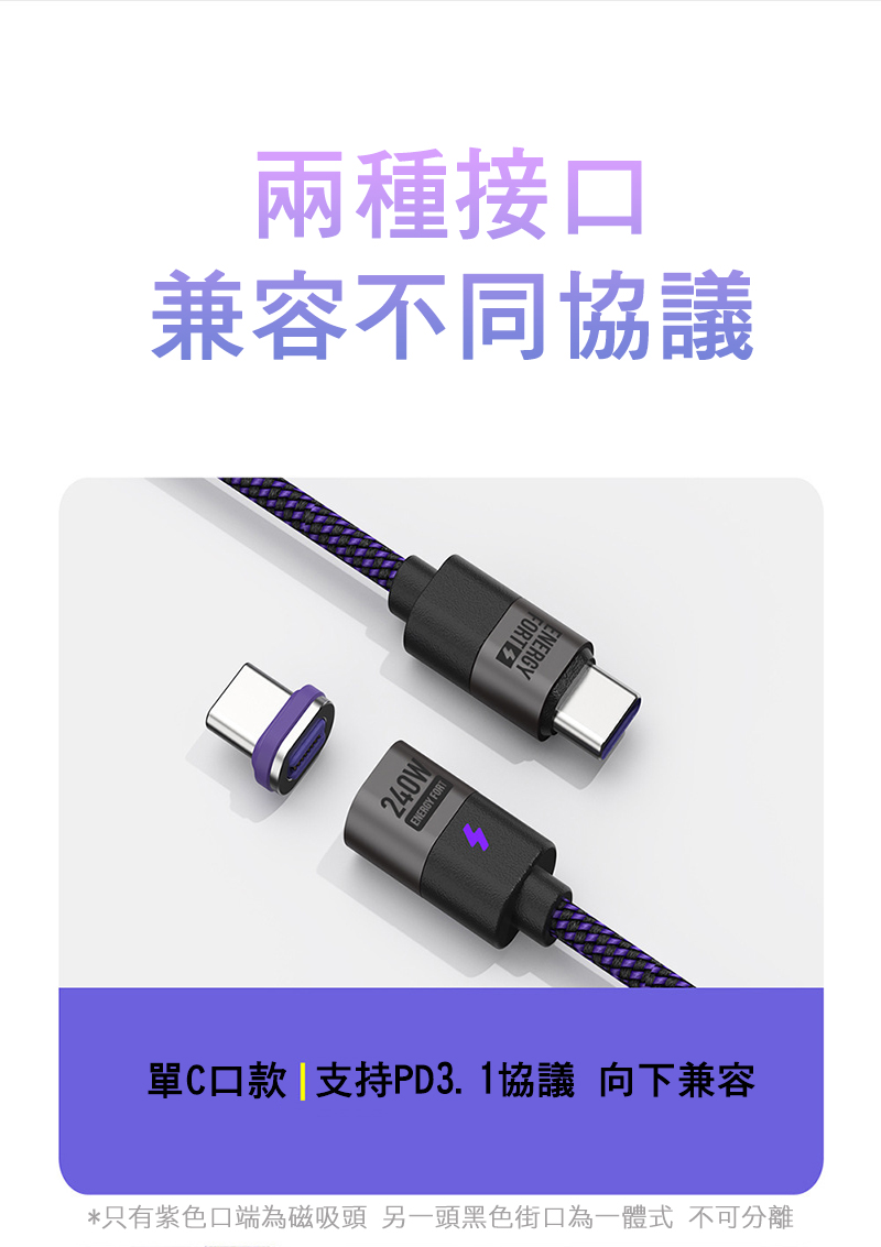 ENERGY FORT Type-C 快充磁吸線(240W) (0.5M) (1.2M) (1.8M) 充電線 傳輸線 - Wooo 3C - iOPEN Mall