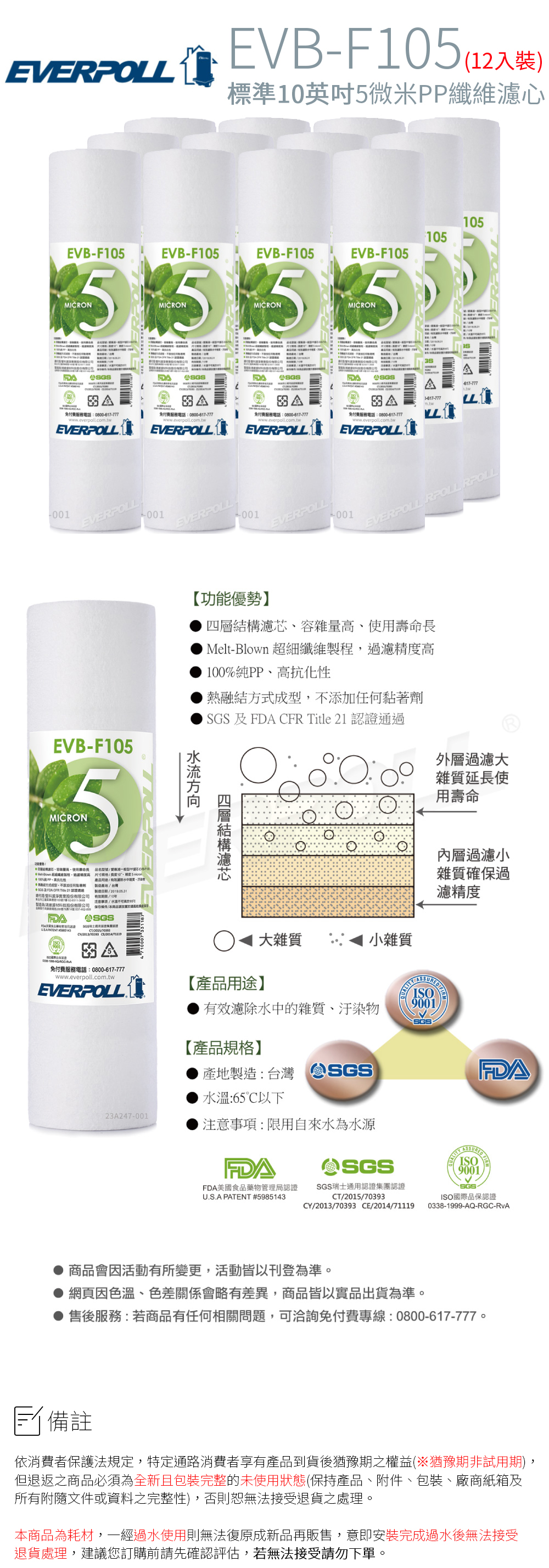 EVERPOLL 愛科濾淨 標準10英吋 5微米PP纖維濾心 12入 (EVB-F105) - PChome 24h購物