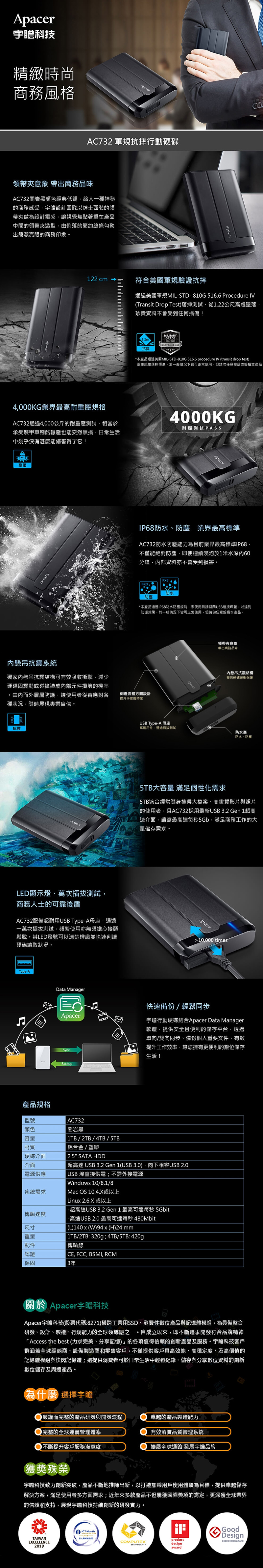 Apacer AC732 4TB USB3.2 2.5吋軍規抗摔行動硬碟(黑) - 里拉商店 - iOPEN Mall