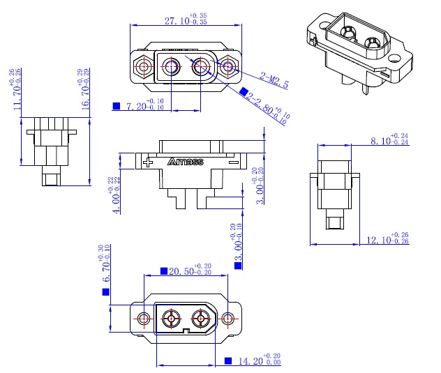 AMASS XT60E-M (XT60E1-M) 焊線公頭 面板安裝螺絲固定鋰電設備端 帶固定螺母 艾邁斯 鍍金香蕉插頭 連接器 (10入含稅 ...